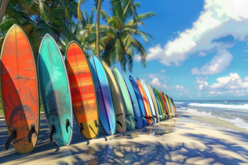 Different Surf Boards in a Row on Sandy Beach. Surf Boards for Beginner ...