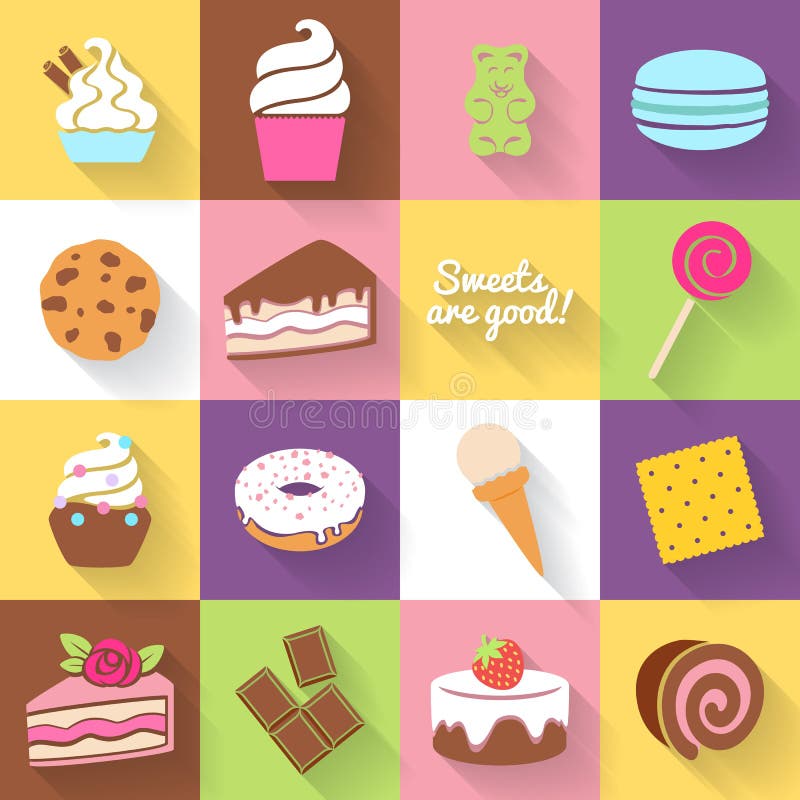 Different Sweets Icons Set in Flat Style. Stock Vector - Illustration ...