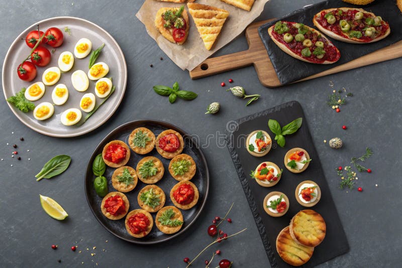 Different Tasty Appetizers on Dark Gray Table, Top View - Generated by ...