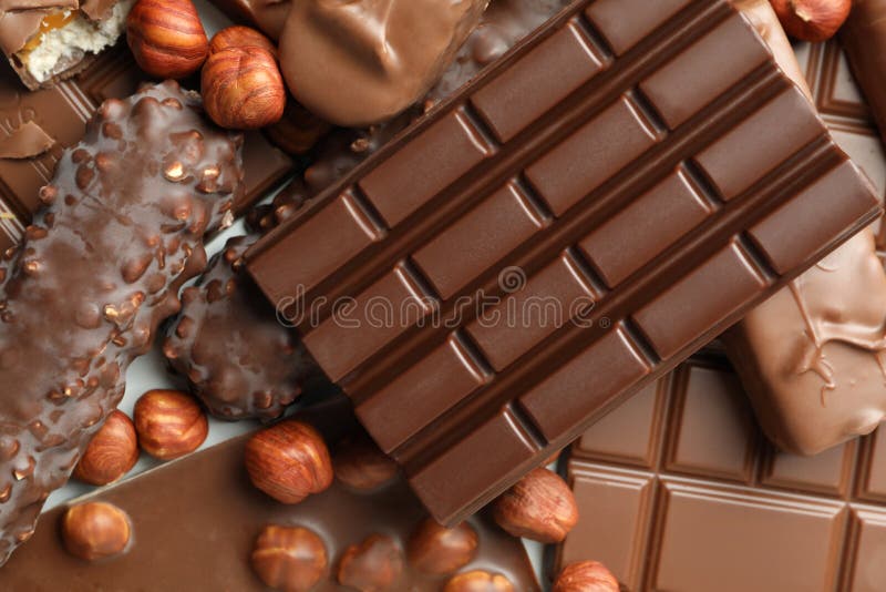Different Tasty Candy Bars and Nuts, Close Up Stock Image - Image of ...