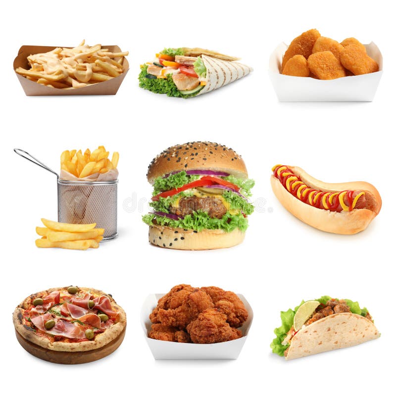 Different Tasty Fast Food Isolated on White, Collection Stock Image ...