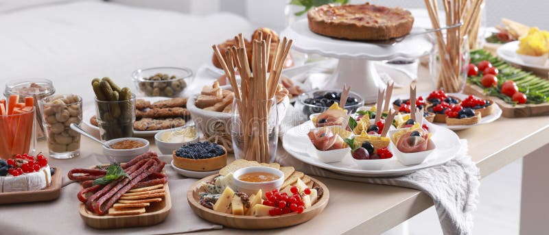 Different Tasty Food for Brunch on Table Indoors, Banner Design Stock ...