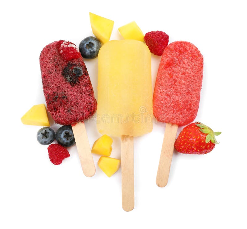 Different Tasty Ice Pops Isolated on White, Top View. Fruit Popsicle ...
