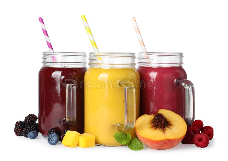 Different Tasty Smoothies in Mason Jars Isolated on White Stock Image ...