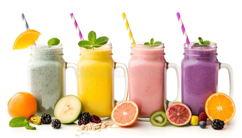 Different Tasty Smoothies in Mason Jars Isolated on White Stock Photo ...