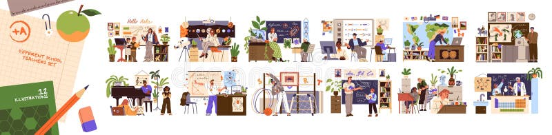 Different Teachers in Classrooms Set. Various School Subjects ...