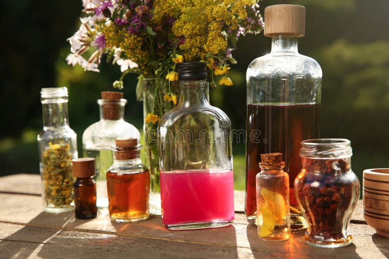 Different Tinctures in Bottles and Ingredients on Wooden Table Outdoors ...