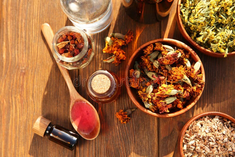 Different Tinctures and Ingredients on Wooden Table, Flat Lay Stock ...