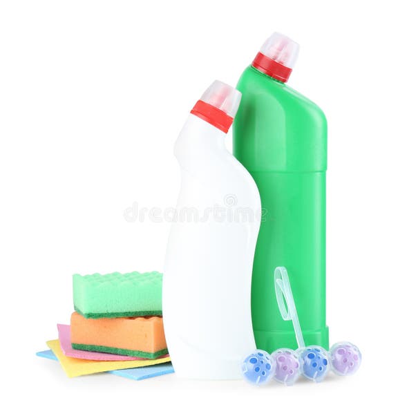 Different Toilet Cleaners, Stack of Sponges and Rags Isolated on White ...
