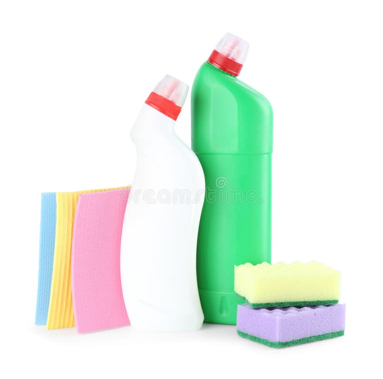 Different Toilet Cleaners, Stack of Sponges and Rags Isolated on White ...