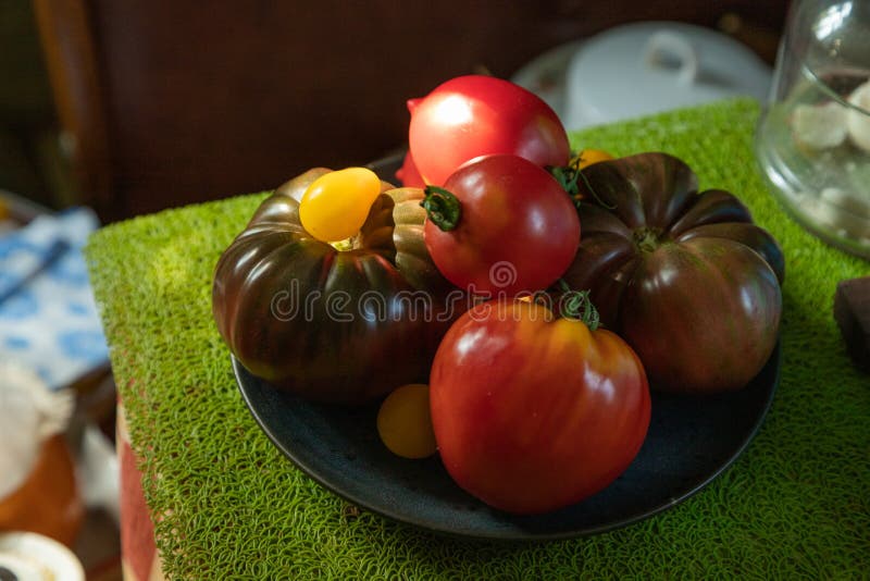 Different Tomatoes Ceramic Plate on the Kitchen Table. Side View Stock ...