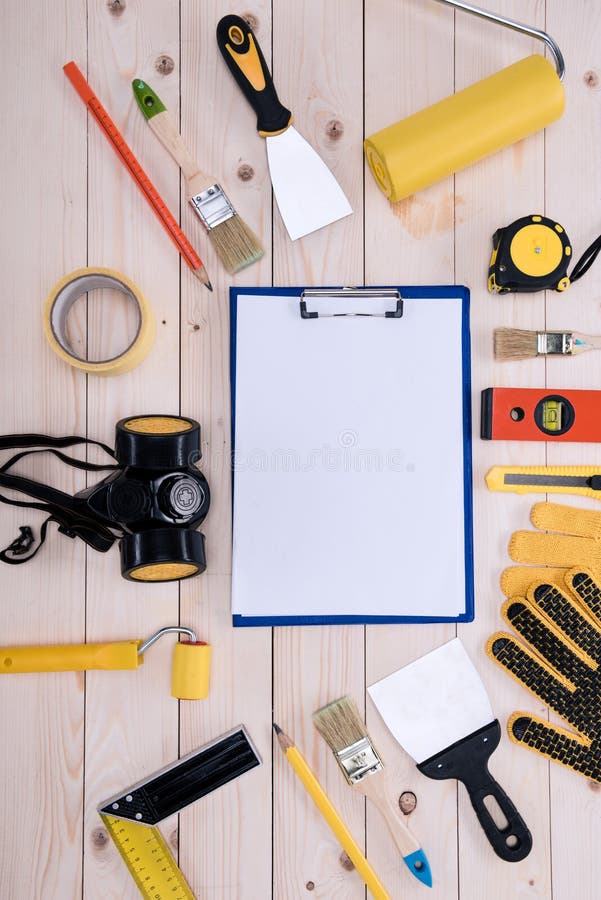 Different Tools with Clipboard on Wooden Tabletop Stock Image - Image ...