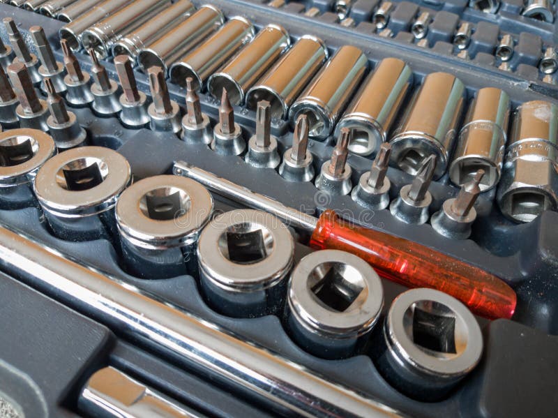 Different Tools in a Tool Box Placed on the Ground in a Garage. Stock ...