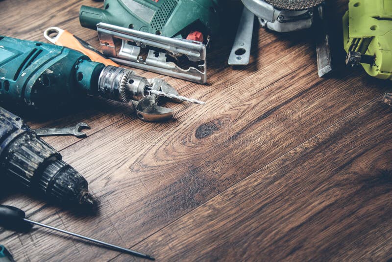 Different Tools on the Wooden Desk. Stock Photo - Image of construction ...