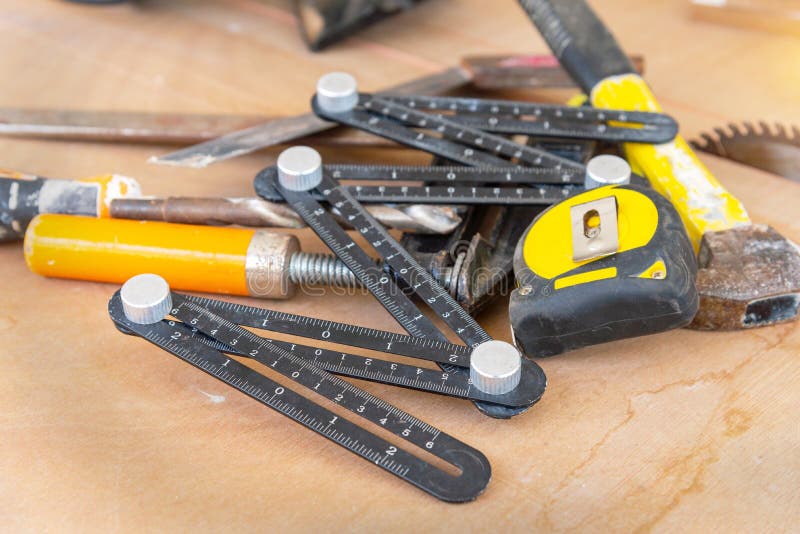 Different Tools on the Wooden Table Background Stock Image - Image of ...