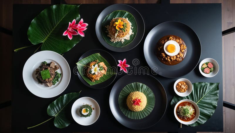 Different Traditional Indonesia Food on Plates, Top View Stock ...