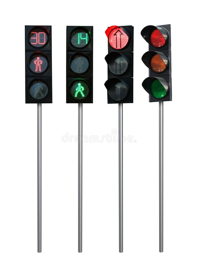 Different Traffic Lights with Poles on White Background, Collage Design ...