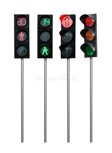 Different Traffic Lights with Poles on White Background, Collage Design ...
