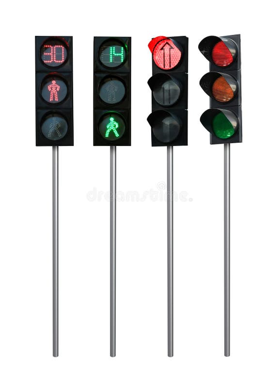 Different Traffic Lights with Poles on White Background, Collage Design ...
