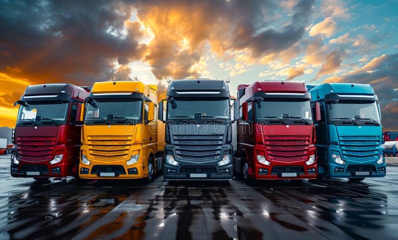 Different Trucks are Parked in Row. a Group of Modern Trucks Parked in ...