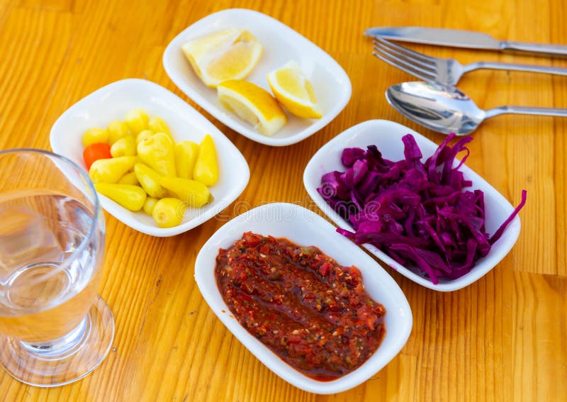 Different Turkish Refreshments Served on Small Plates Stock Photo ...