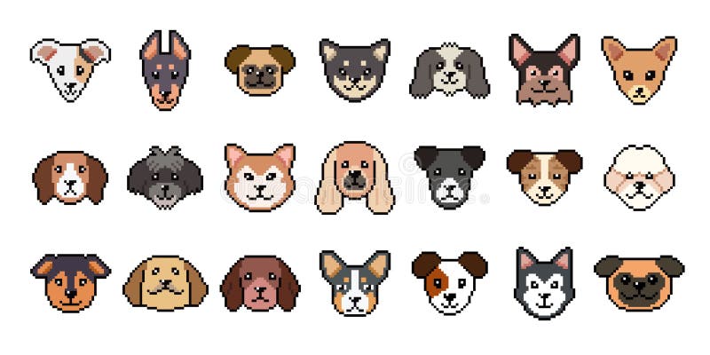 Different Type of Pixel Art Dog Faces Vector in Retro Style Stock ...