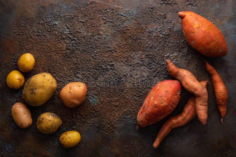 Different Type of Potatoes on Textured Background. Harvest of Root ...