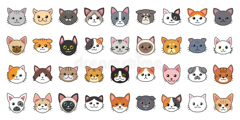 Different Type of Vector Cartoon Cat Faces Stock Vector - Illustration ...