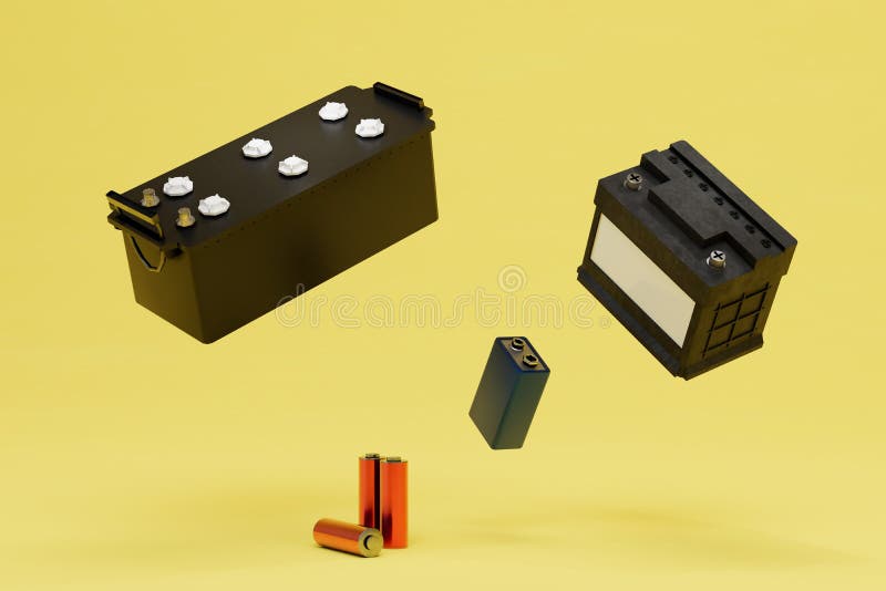 Different Types of Batteries and Accumulators on a Yellow Background ...