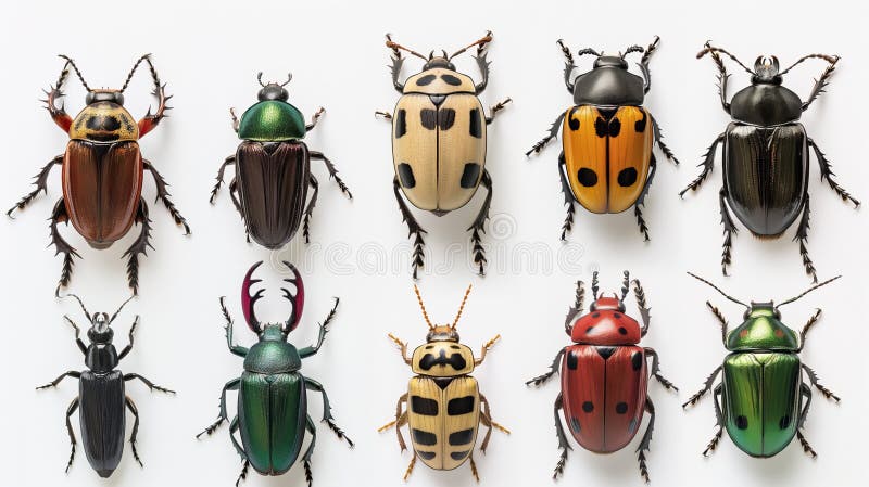 Different Types of Beetles on White Background. Flat Lay, Top View ...