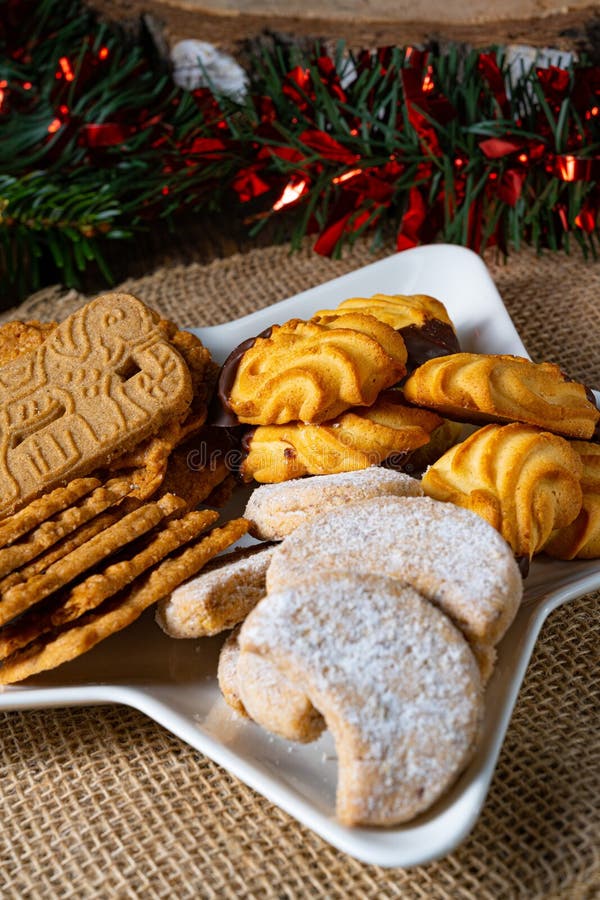 Different Types of Biscuits with Rustic Christmas Decorations Stock ...