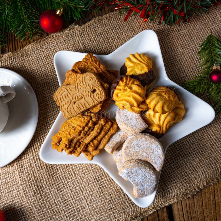 Different Types of Biscuits with Rustic Christmas Decorations Stock ...