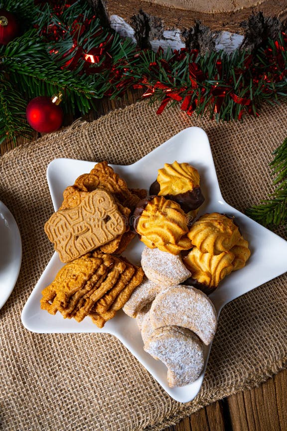 Different Types of Biscuits with Rustic Christmas Decorations Stock ...