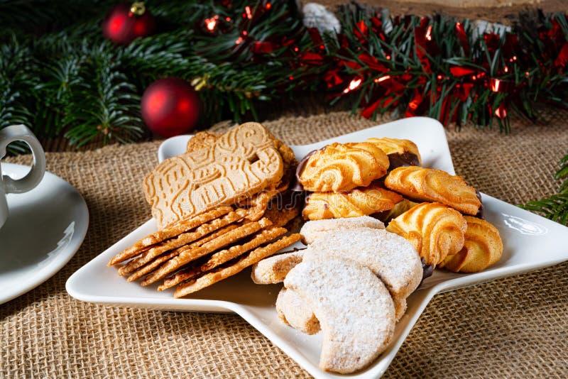 Different Types of Biscuits with Rustic Christmas Decorations Stock ...