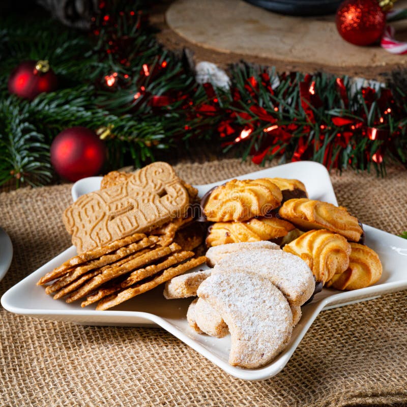 Different Types of Biscuits with Rustic Christmas Decorations Stock ...