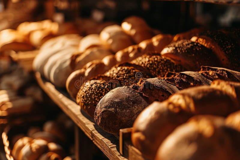 Different Types of Bread Loaves on Bakery Shelves. Baker Shop with ...