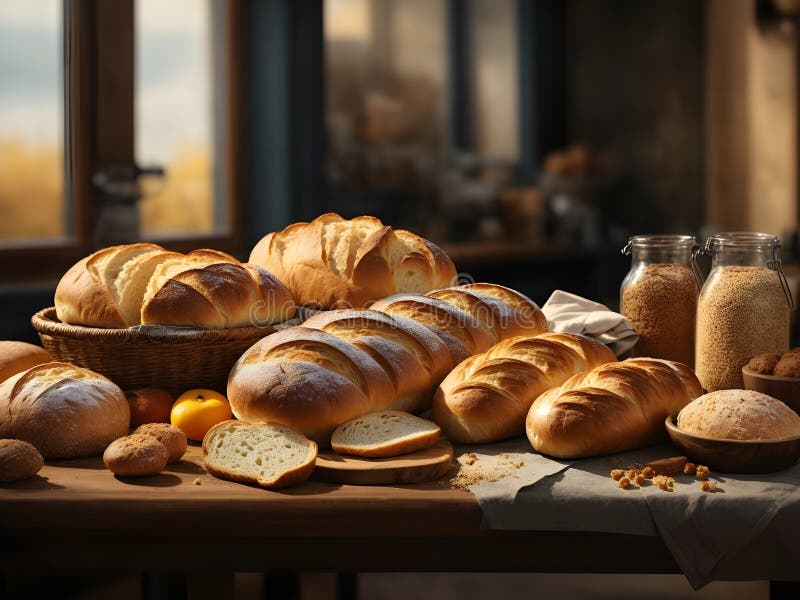 Different Types of Bread on Table in Bakery. Bake and Pastry ...