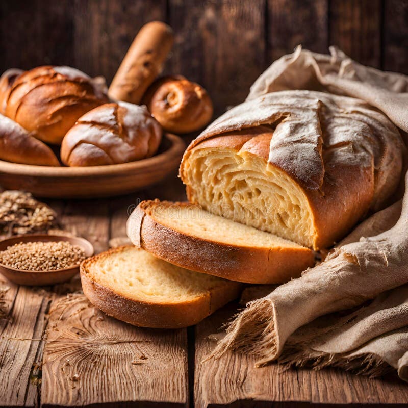 Different Types of Breads and Buns on Wooden Background. Stock ...