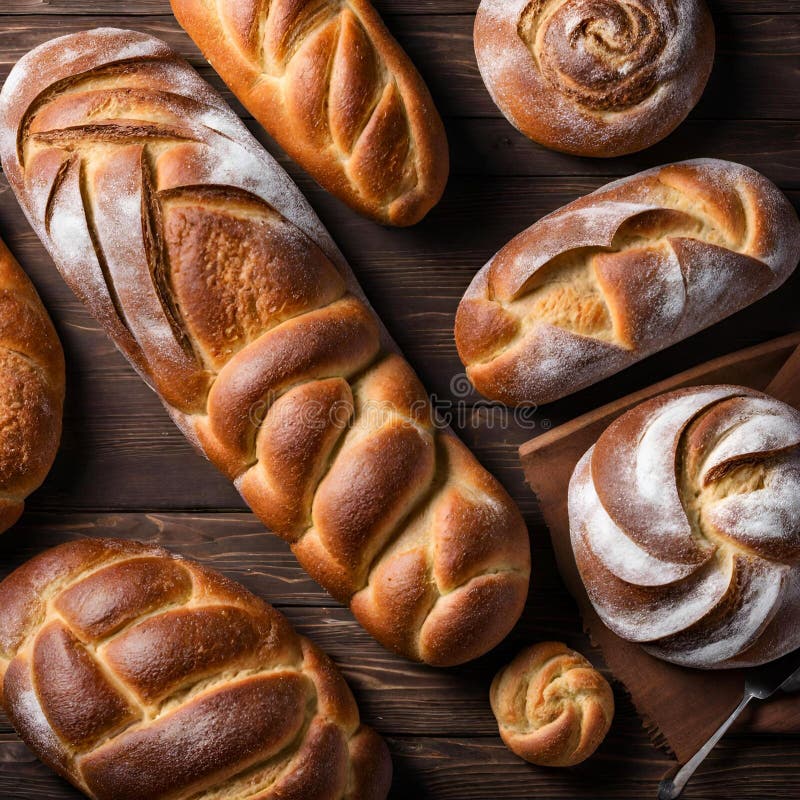 Different Types of Breads and Buns on Wooden Background. Stock ...