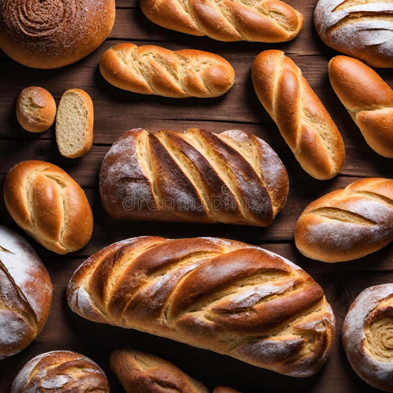 Different Types of Breads and Buns on Wooden Background. Stock ...