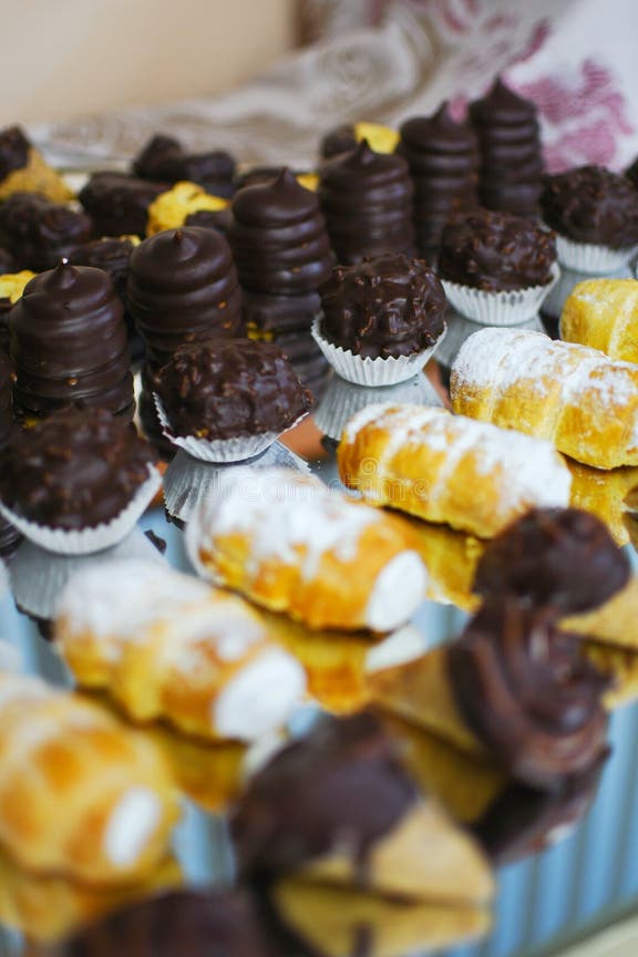 Different Types of Buffet Dessert Placed on Table. Delicious Restaurant ...