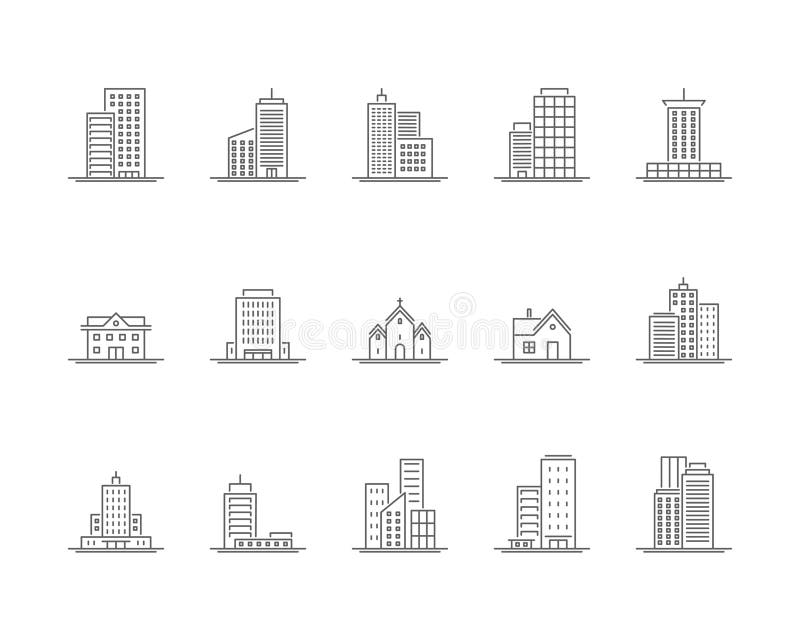 Different Types Building Black Thin Line Icon Set. Vector Stock Vector ...