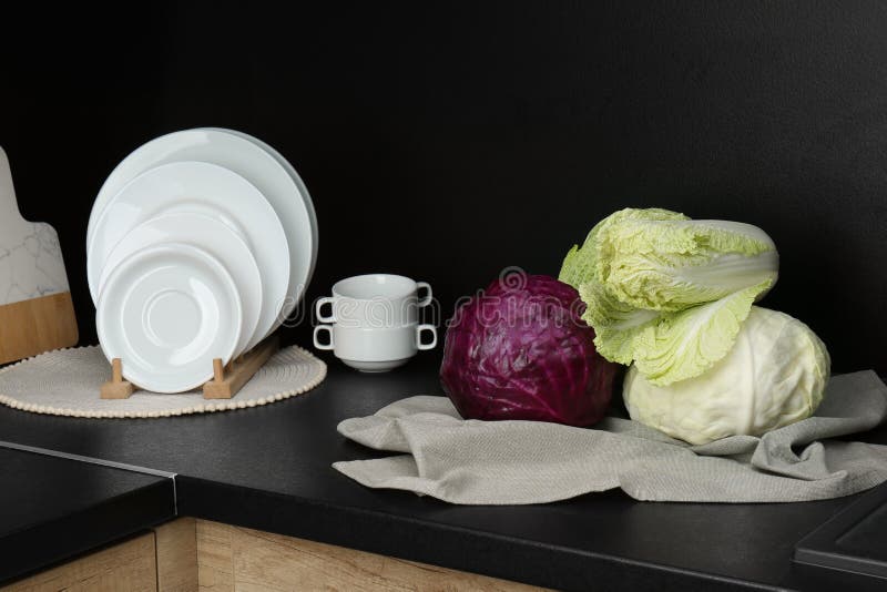 Different Types of Cabbage on Countertop in Kitchen Stock Photo - Image ...