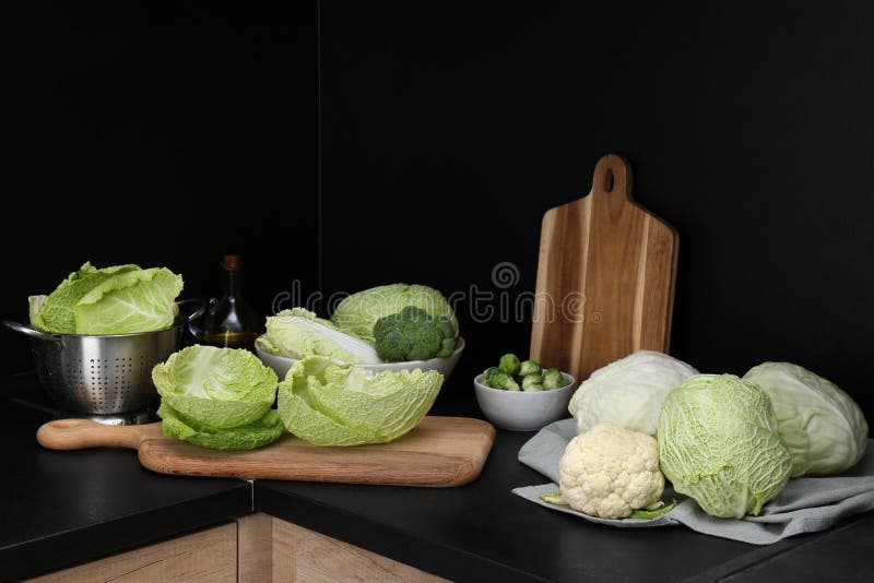 Different Types of Cabbage on Countertop in Kitchen Stock Image - Image ...