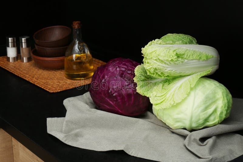 Different Types of Cabbage on Countertop in Kitchen, Space for Text ...