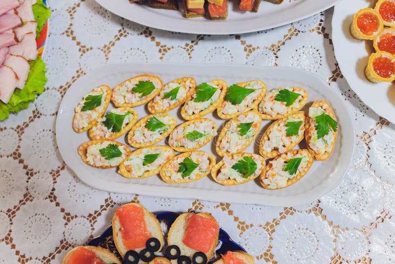 Different Types of Canapes on Buffet Table. Stock Image - Image of wine ...