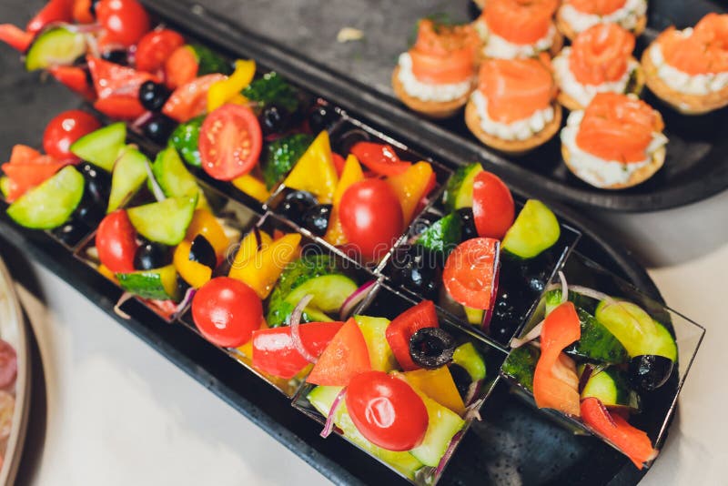 Different Types of Canapes on Buffet Table. Stock Photo - Image of ...