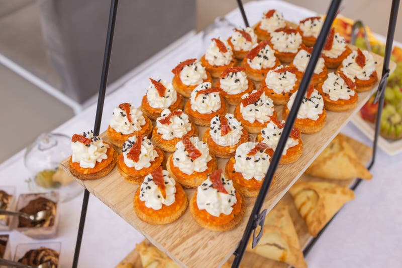 Different Types of Canapes on Buffet Table. Stock Photo - Image of ...