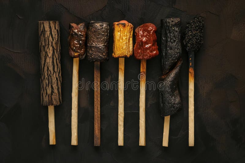 Different Types of Candies on Sticks on Dark Background, Top View Stock ...