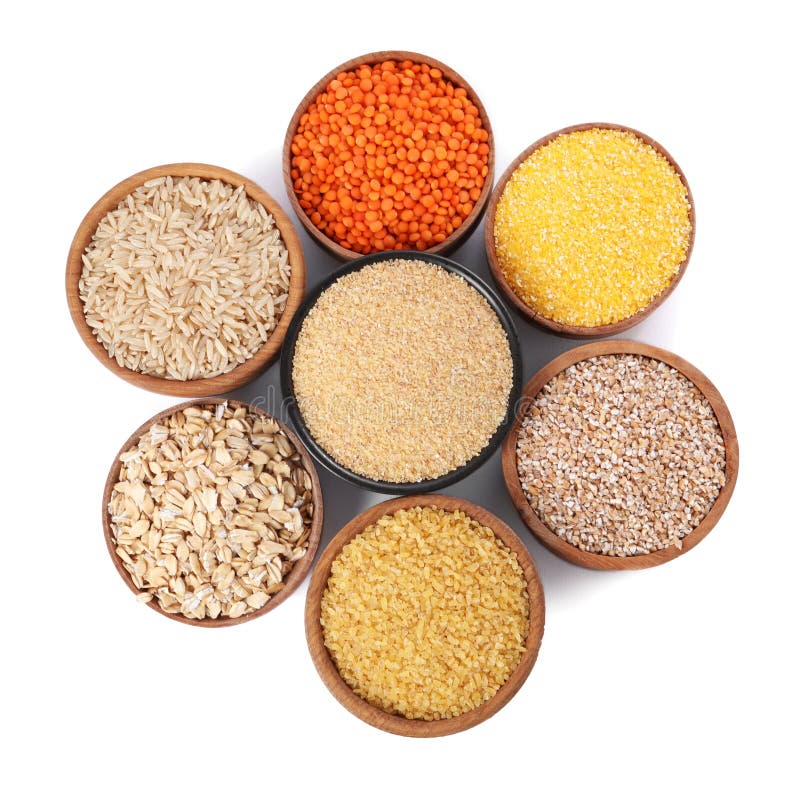 Different Types of Cereals Isolated on White, Top View Stock Photo ...